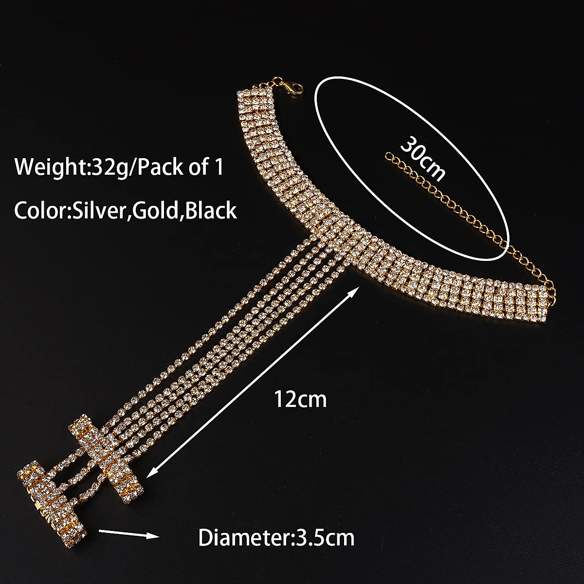 Chargances Black Rhinestone Hand Chain Finger Ring Bracelet Crystal Slave Chain Link Harness Bracelet for Women and Girls Gift Party Wedding Prom Festival (Black)