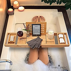 Temple Spring Bath Caddy - Extendable Bath Tray for Bathtub with Candle, Wine Glass, Book, iPad & Phone holders - Adjustable Bath Table shelf over tub with bathroom accessories - (Bamboo Natural Wood)