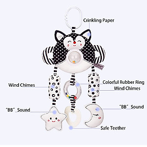 D-KINGCHY Baby Stroller Hanging Toy, Baby Toys 0-12 Months, Infant Toys Soft Plush Car Seat Toys with Teether Sound Wind Chimes, Black and White Toys for 0, 3, 6, 9, 12 Months (Fox)