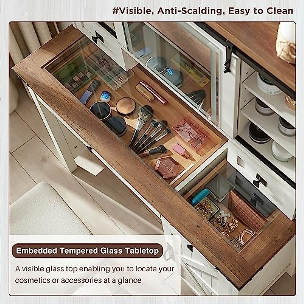 T4TREAM Farmhouse Makeup Vanity Desk with Sliding Mirror and Lights, 42'' Glass Tabletop Vanity Table with 2 Drawers & Shelves, Rustic Big Vanity Set for Bedroom, Stool Included, Antique White