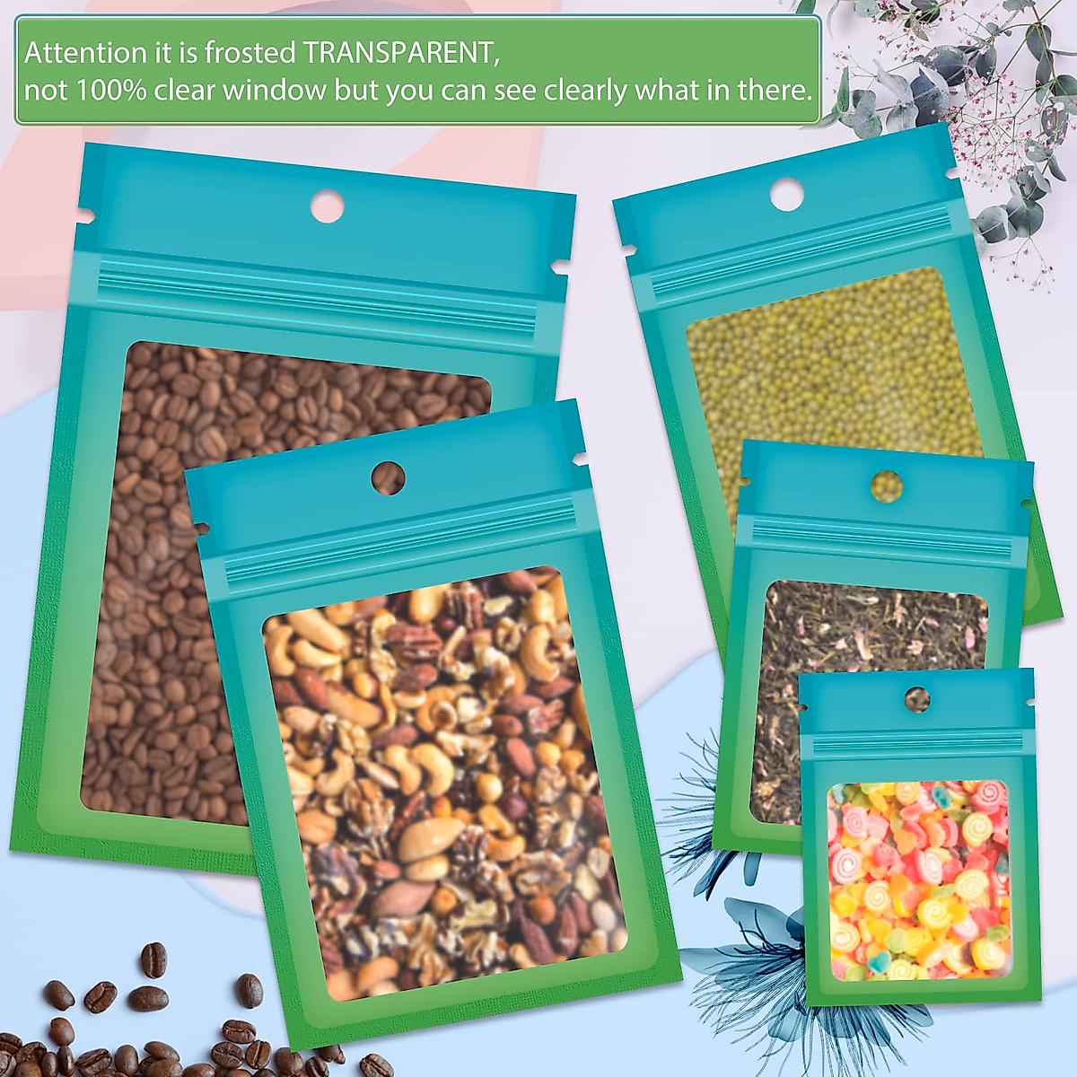 Funfery 100 Pack Smell Proof Resealable Bags for Food Storage,Cute Mylar Clear Bags for Small Business Foil Pouch Ziplock Packaging Bags for Sample Jewelry Eyelash Gloss(Blue Green,2.7X3.9in)