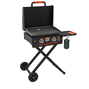 Blackstone 1935 On The Go Scissor-Leg Two Burners Gas Hood, Wheels, Side Shelf Heavy Duty Outdoor Stainless Steel Griddle for Backyard, Patio Camping, 22, Black