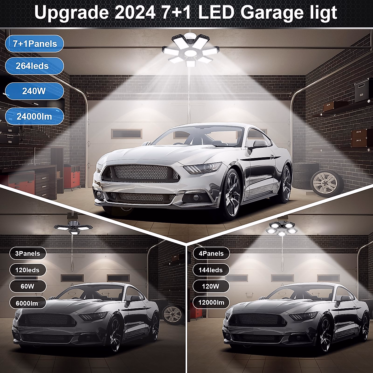 4 Pack LED Garage Light, 240W 24000LM 6500K LED Shop Lights, Garage Lights Ceiling Led with 7+1 Deformable Panels, E26/E27 Bulb Socket Lighting for Shop, High Bay, Attic, Basement, Warehouse