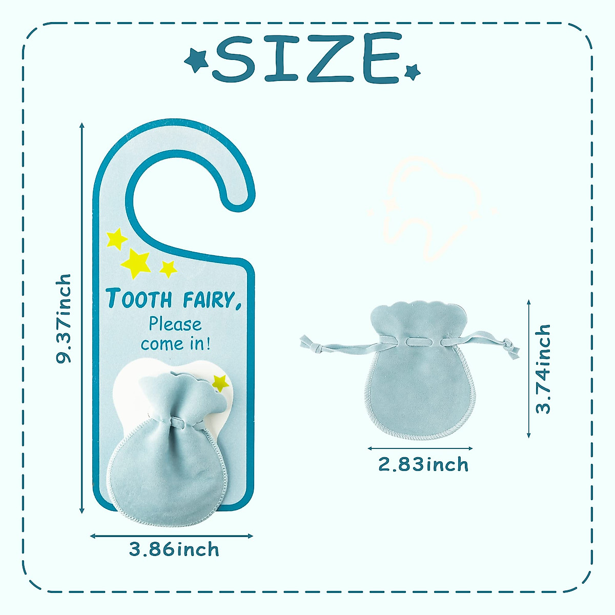 R HORSE 6Pcs Tooth Fairy Door Hanger Set Cute Tooth Fairy Wooden Door Hanging Sign With Tooth Fairy Pouch Bag Blue Tooth Fairy door hanging Pendent Encourage Gift for Lost Teeth Boys