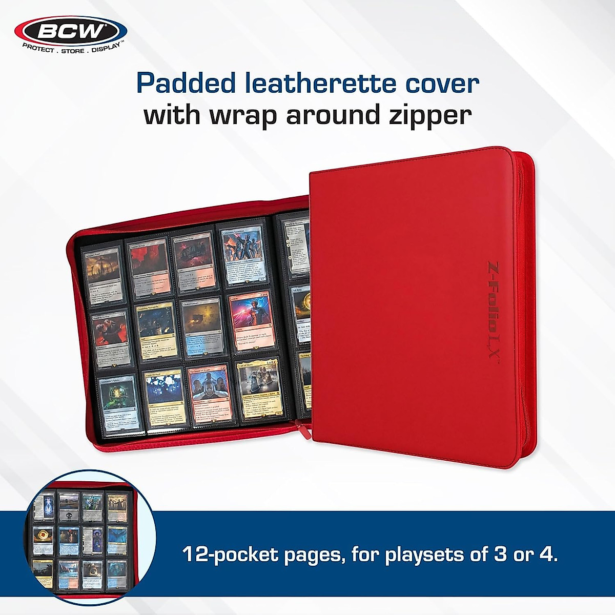 BCW Z-Folio LX Zipper Portfolio - Premium Red Leatherette 12-Pocket Playset Album - Secure Zipper - 480 Card Capacity - Card Collector's Dream - Card Organizer - Trading Card Storage