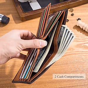 BULLCAPTAIN Wallets for Men with Double Zip Coin Purse Bifold Vintage Genuine Leather Slim Front Pocket Wallet Money Clip QB-5#3(Brown)