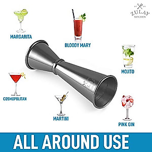 Zulay Kitchen Shot Measure Jigger For Bartending - Cocktail Jigger 18/8 Food-Grade Stainless Steel - Jigger 2 oz 1 oz Etched Markings - Cocktail Measuring Cup Japanese Jigger - Double Jigger (Black)