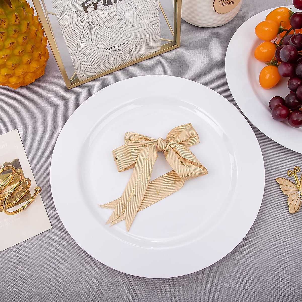 I00000 50Pcs White Plastic Dinner Plates 10.25 Inch, Premium Disposable Party Plates, Safe and Reusable, Heavy Duty Plastic Plates Perfect for Wedding & Party