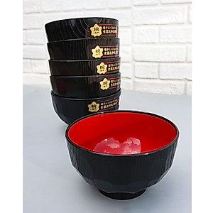 Ebros Gift Made In Japan Traditional Black Red Lacquer Copolymer Plastic Bowl For Rice Salad Miso Soup 4.5"Dia 8oz Japanese Restaurant Supply Bowls Home Kitchen Accessories (Beehive Ridged Pattern, 6)