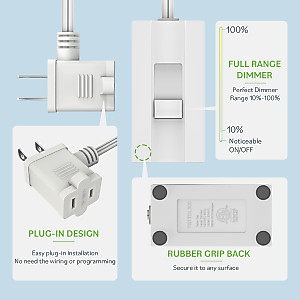 TOPGREENER Table-Top Plug in Dimmer for Table or Floor Lamps, Slide Control, Works with 360 Watt Incandescent/Halogen and 150 Watt Dimmable CFL/LED, Off at Lowest dim, 6ft Cord, TGTTDL300-W, White