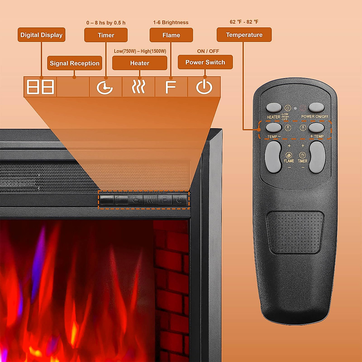 AckMizz Electric Fireplace Insert, 32 Inch Recessed Fireplace Heater in Wall with Remote Control, Adjustable Flame Brightness & Speed, 750W/1500W, Black (32" W X 22" H)