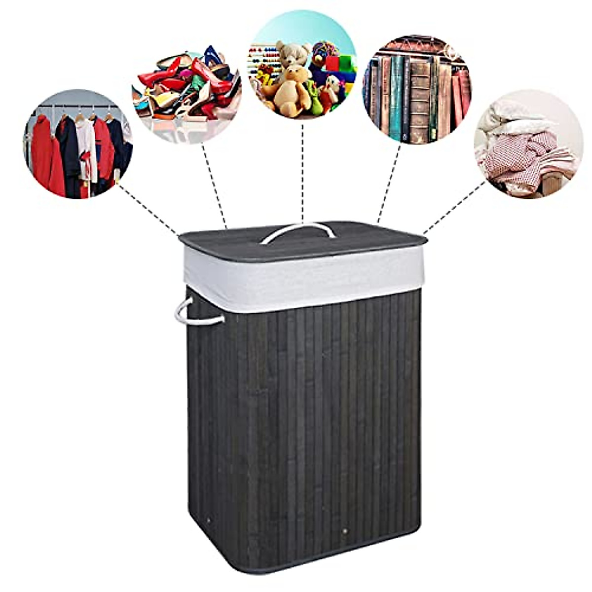 Clothes Laundry Hamper with Rope Handles Bamboo, with 2 Removable Liner Bags, Grey