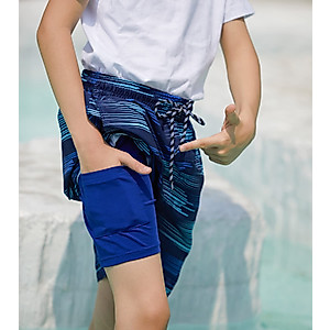 Cozople Boys Swimming Trunk with Boxer Brief Liner UPF Swim Shorts Compression Stretchy Bathing Suits Blue Grass Boardshorts Quick Dry Swimwear Size 10-12