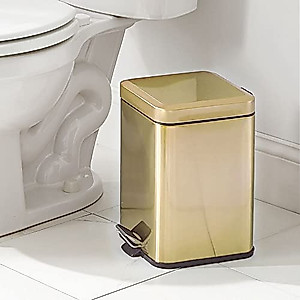 mDesign Slim Metal Square 1.5 Gallon Trash Can with Step Pedal, Easy-Close Lid, Removable Liner - Narrow Wastebasket Garbage Container Bin for Bathroom, Bedroom, Kitchen, Office - Soft Brass