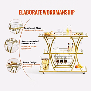 VEVOR Bar Cart Gold, 3 Tiers Home Bar Serving Cart on Lockable Wheels, Rolling Alcohol Cart with Tempered Glass Shelves Guardrail Wine Rack, Modern Wine Cart for Home Kitchen Dining and Living Room