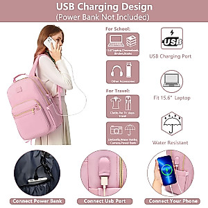 bagswan Pink Laptop Backpack Women Bookbag 15.6 inch School Teacher Bookbag Business Computer Backpacks Purse Travel Work girls College Bags with USB Charging Port Light Back Pack Student