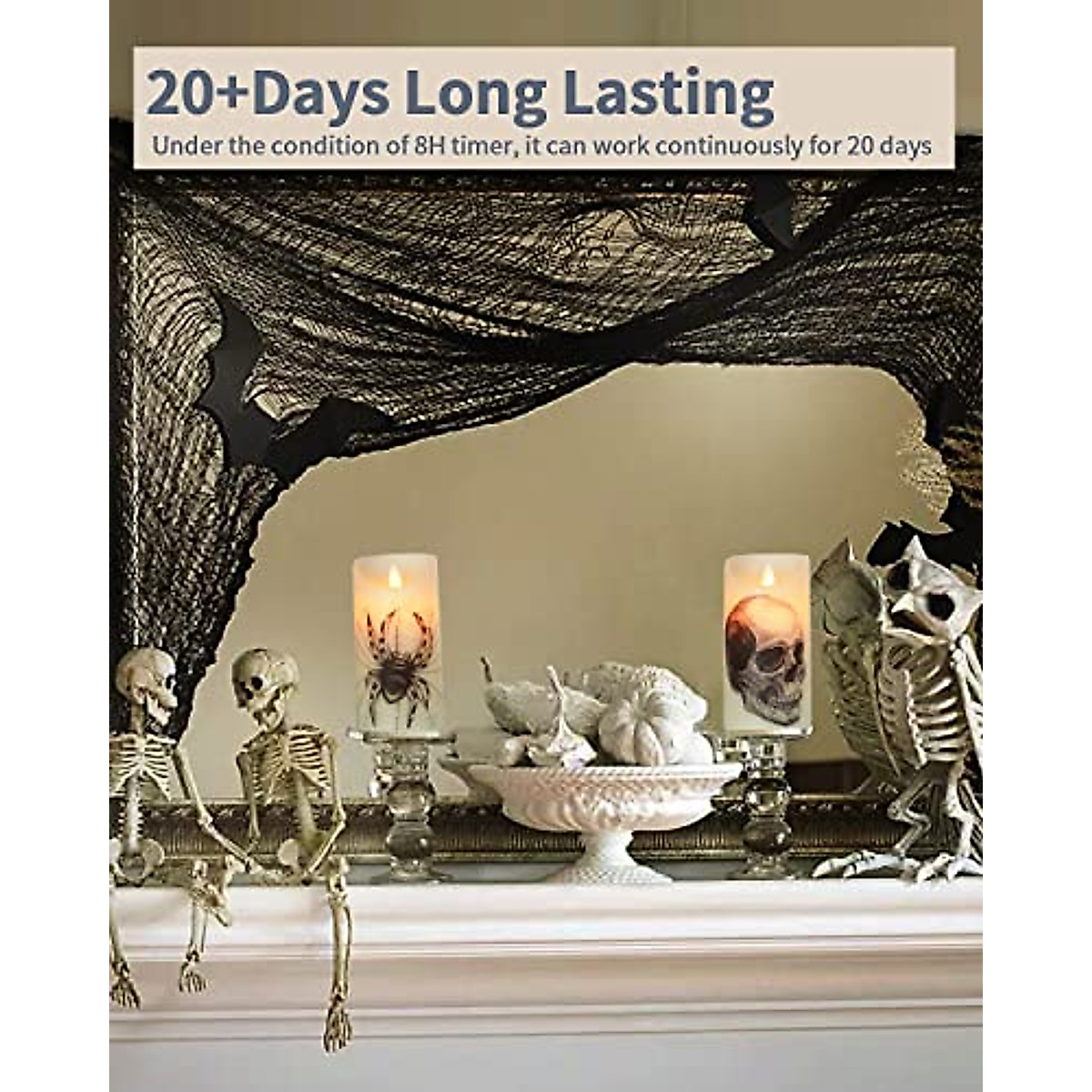SHYMERY Halloween Decorations Indoor,Halloween Candles with Remote Timer,Skull,Spider Web,Crow Decor Raven Decals,Battery Operated Canldes for Table Witchy Bathroom Kitchen Spooky Home Decoration