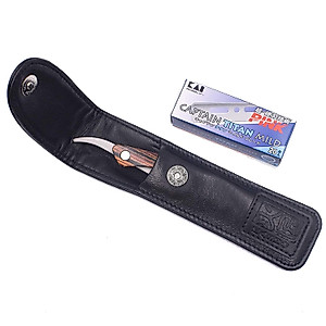 Kai Kasho Captain Woody Professional Folding Japanese Straight Edge Barbering Razor with Leather Case, Compatible with Feather Artist Club and Kai Captain Blades, 20 Kai Captain Titan Blades Included