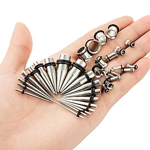 CABBE KALLO 36pcs Ear Stretching Kit Tapers Gauges Set Stainless Steel 14G-00G Plugs and Tunnels Expanders for Women Men Body Piercing Jewelry, Silvertone
