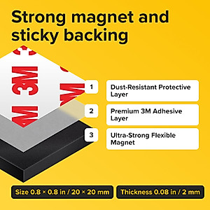 Magnetic Squares - Self Adhesive Magnetic Squares (Each 4/5" x 4/5") - Flexible Sticky Magnets - Peel & Stick Magnetic Sheets - Tape is Alternative to Magnetic Stickers, Magnetic Strip and Roll