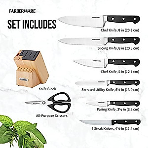 Farberware Self-Sharpening 13-Piece Knife Block Set with EdgeKeeper Technology, High Carbon Stainless Steel Kitchen Knife Set with Ergonomic Handles, Razor-Sharp Knife Set, Natural