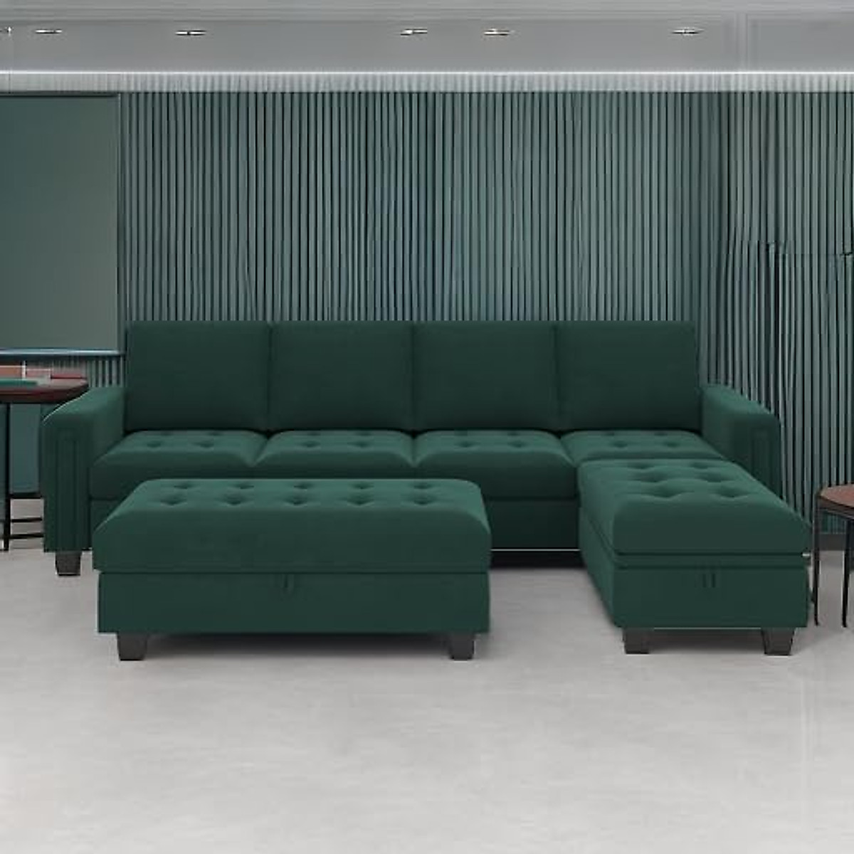 Belffin Velvet Convertible 4-Seat Sectional Sofa with Reversible Chaise L Shaped Sofa Couch Furniture Sets Sectional Couch with Storage Ottoman Green