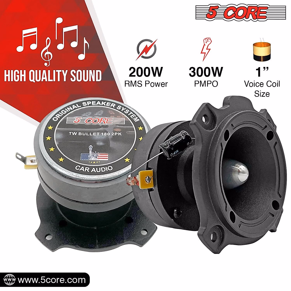 5 CORE 6.5" Inch Mid-Range Replacement Pro Audio Car Speaker 1600W Max 4 Ohms and 2.8 Inch Super Tweeter 2 Pieces - MR6.5-4oHMX2Pcs+TW-BULLET180X2Pcs