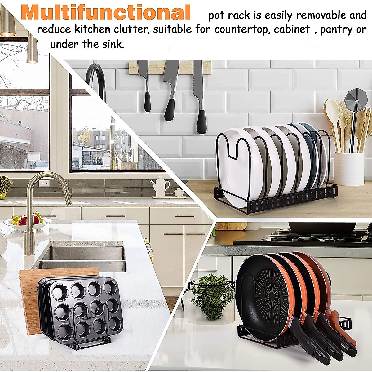 Pot and Pan Organizer Rack For Cabinet, Expandable Pot Organizer Rack - Pans Pots Lid Organizer For Kitchen Cabinet Pantry Bakeware Pot and Pan Rack Holder with 10 Adjustable Compartments