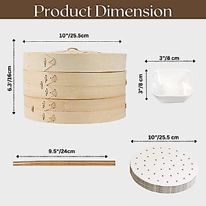 Misha's Homely Finds Bamboo steamer basket 2 tier 10 inch, 50 reusable paper liners, 2 pairs chopsticks, 1 ceramic sauce dish natural homemade food basket