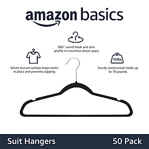 Amazon Basics Slim, Velvet, Non-Slip Suit Clothes Hangers, Black/Silver - Pack of 50