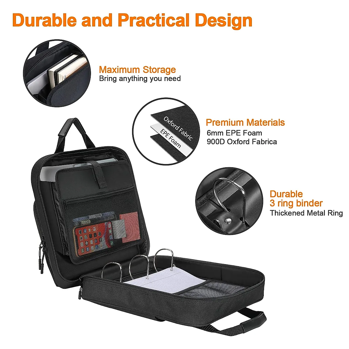 Losong 3 Ring Zipper Binder 3 Inch D-Ring, Binder with Zipper Shoulder Strap 700 Sheet Capacity & Multi-Pockets School and Office Binder Organizer, Compatible with 13-Inch MacBook(Patent Design Black)