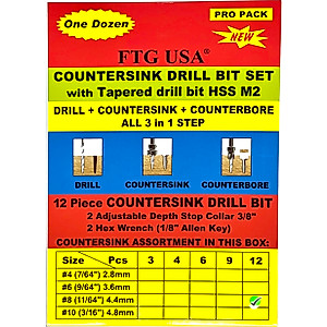 FTG USA Countersink Drill Bit Set for Wood with Tapered Drill Bit 12 Pc #8 (11/64")