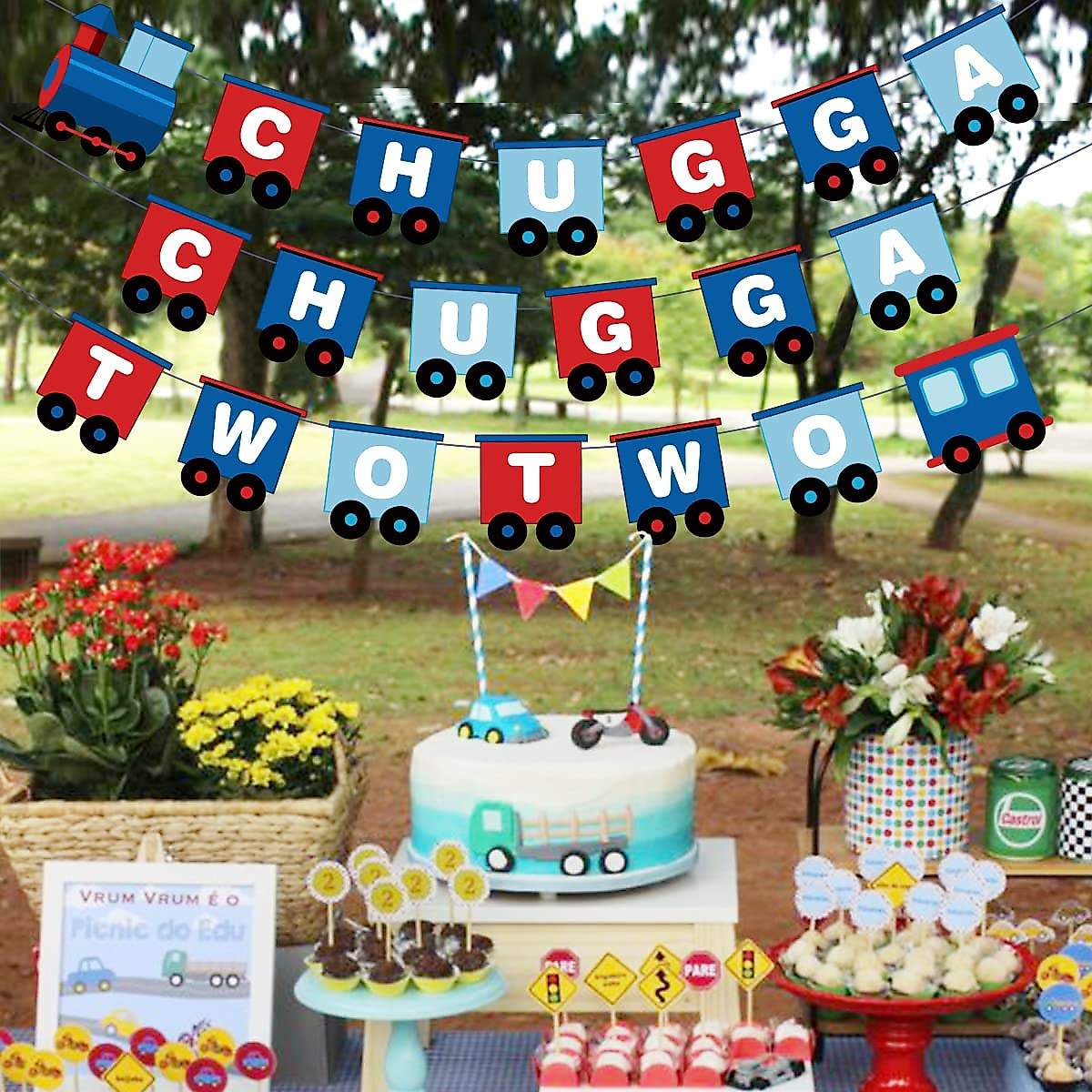 Chugga Chugga Two Two Banner, Train Happy Birthday Garland, Choo Choo Im Two Party Supplies, Railroad Birthday Party Decorations for Boys Train Theme 2nd Party Decor