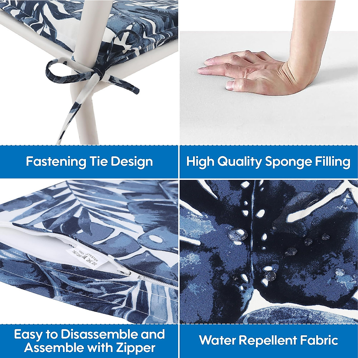 Only choice Set of 4 Indoor/Outdoor Patio Seat Cushion Replacement Seat Cushion with Ties, 15" x 15" Patio Chair Pads for Patio Furniture Garden Home Office Decoration (Palm Blue)