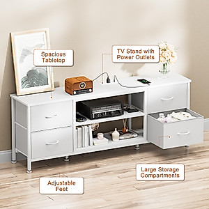 Lulive TV Stand Dresser for Bedroom with Power Outlet & Open Shelf, Media Console Table with 4 Fabric Drawers Storage Organizers (White, 50 Inch TV Stand)
