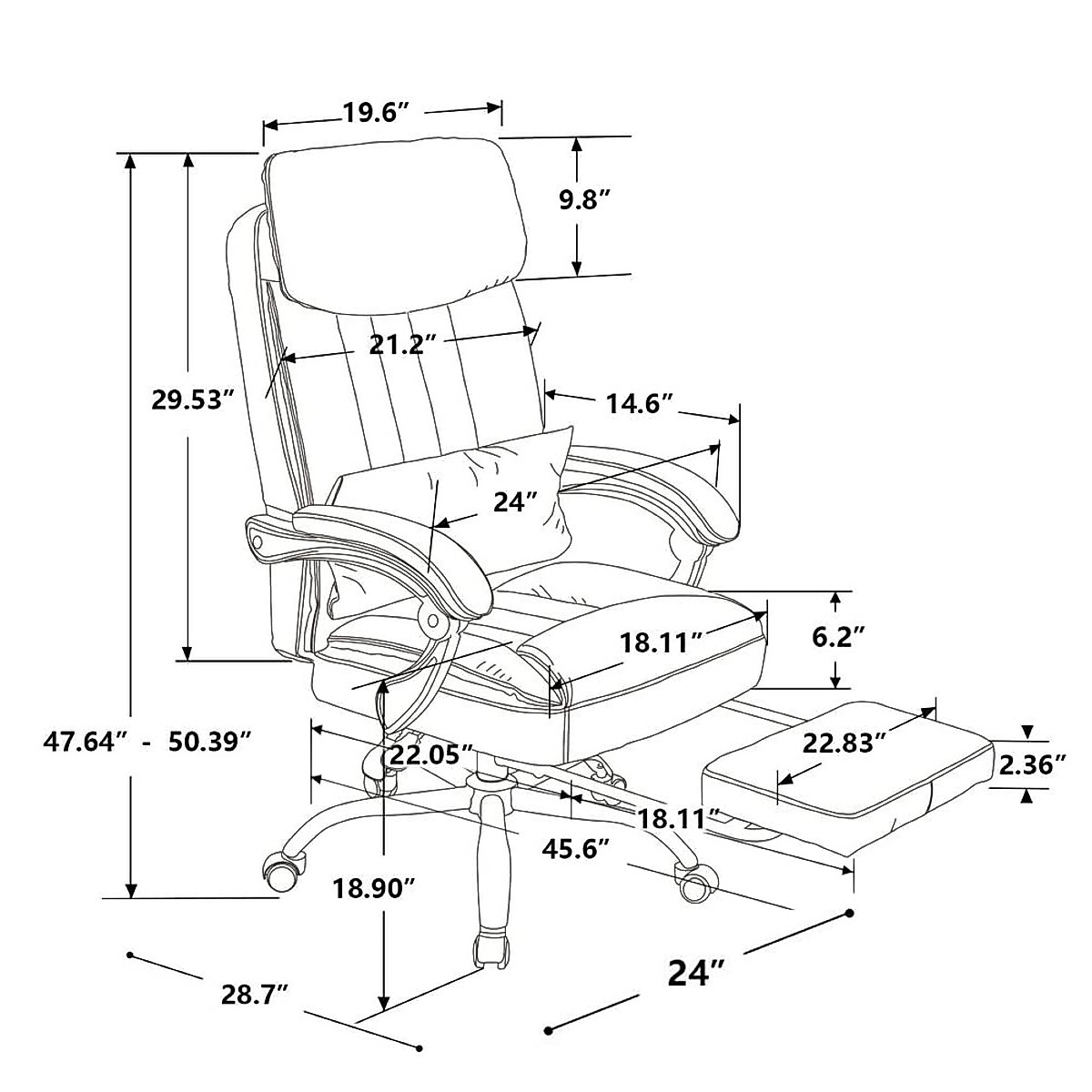 High Back Office Chair with Lumbar Support and Footrest, Executive Computer Desk Chair with Padded Headrest and Armrest, Adjustable Height Tilt Angle Swivel Task Chair for Home Office (Black)