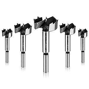 Forstner Bit Set, 5-Piece Forstner Bits Wood Drilling Smooth Flat-Bottomed Pocket Holes in Hard Soft Wood, 3/8" Shank Fit Drills and Drill Presses, Size 1”, 1-7/64”, 1-1/4”, 1-3/8”, 1-1/2"
