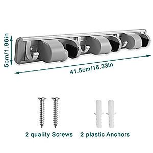 Sangle Sopffy Broom Holder Wall Mount Tool Organizer Broom Rack Anti-Slip Mop Organizer Kitchen Closet Garage Room Storage Mop and Broom Holder Wall Mount with 3 Positions 4 Hooks 16.4 inch (Grey)