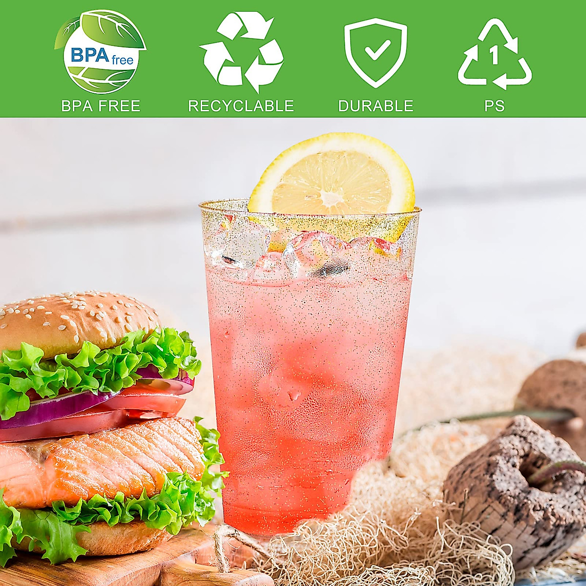 Glitter Plastic Cups Gold Glitter Disposable Cups 12 oz 100 Pack Clear Plastic Cups Recyclable Wine Glasses for Parties Elegant Plastic Party Cups Wedding Decorations