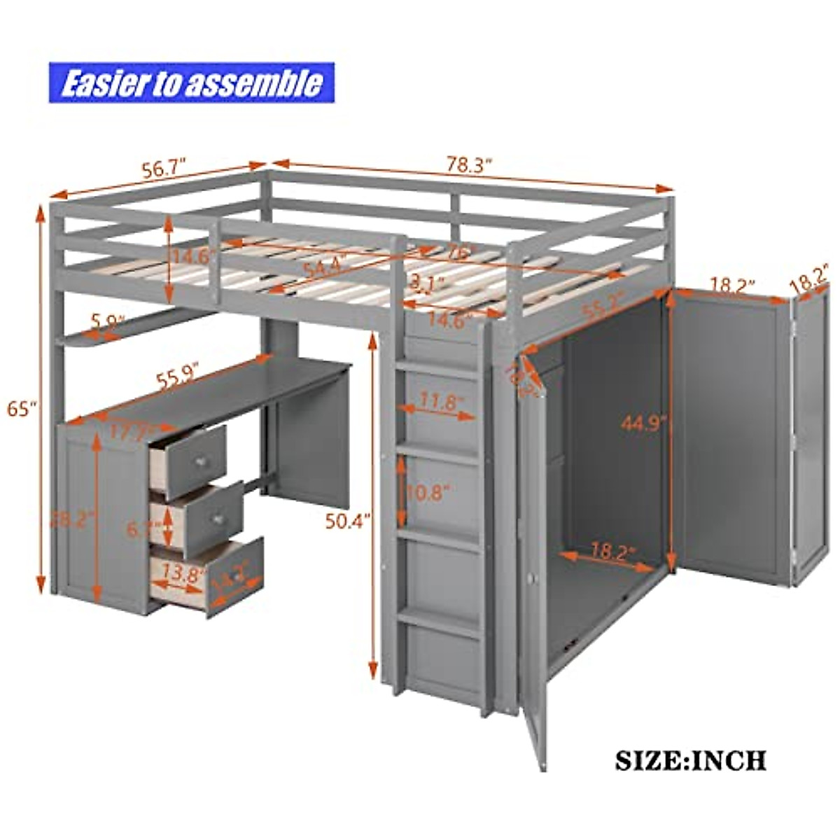 SNIFIT Latest Upgraded & Stronger Solid Wood Full Size Loft Bed with Desk Underneath & Storage Drawers & Shelf & Wardrobe, Thickened Enhanced Wooden Full Loft Bed Frame (Easier to Assemble) (Gray)