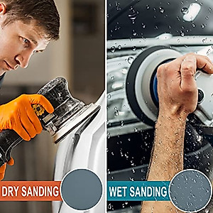 60pcs 5 Inch Sanding Discs Hook & Loop 320 600 800 1200 1500 2000 Grit Orbital Sandpaper with Tack Cloth, Silicon Carbide Round Flocking Sandpaper (NO Holes -60PCS)