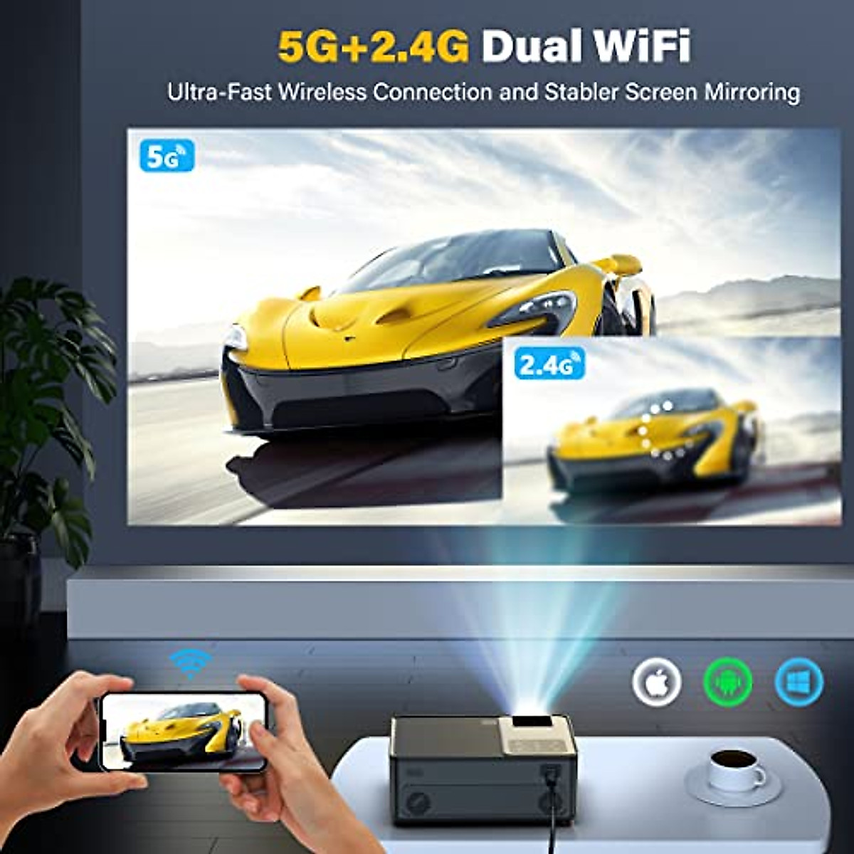 BIGASUO 5G WiFi Bluetooth Projector - 560 ANSI FHD Native 1080P Outdoor Movie Projector 4k Support, Portable Video Projector Support 300"/Zoom/HiFi, Home Theater Compatible w/HDMI/USB/iOS&Android