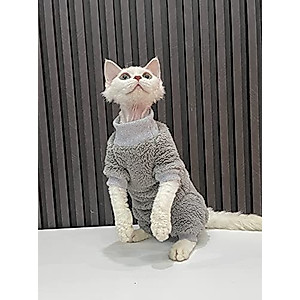 WQCXYHW Sphynx Hairless Cat Clothes Winter Soft Faux Fur Four Leg Jumpsuit Outfit High Collar Pullover Comfortable Pajamas Cat Apparel Pet Clothes (XXL(11-15lbs), Gray)