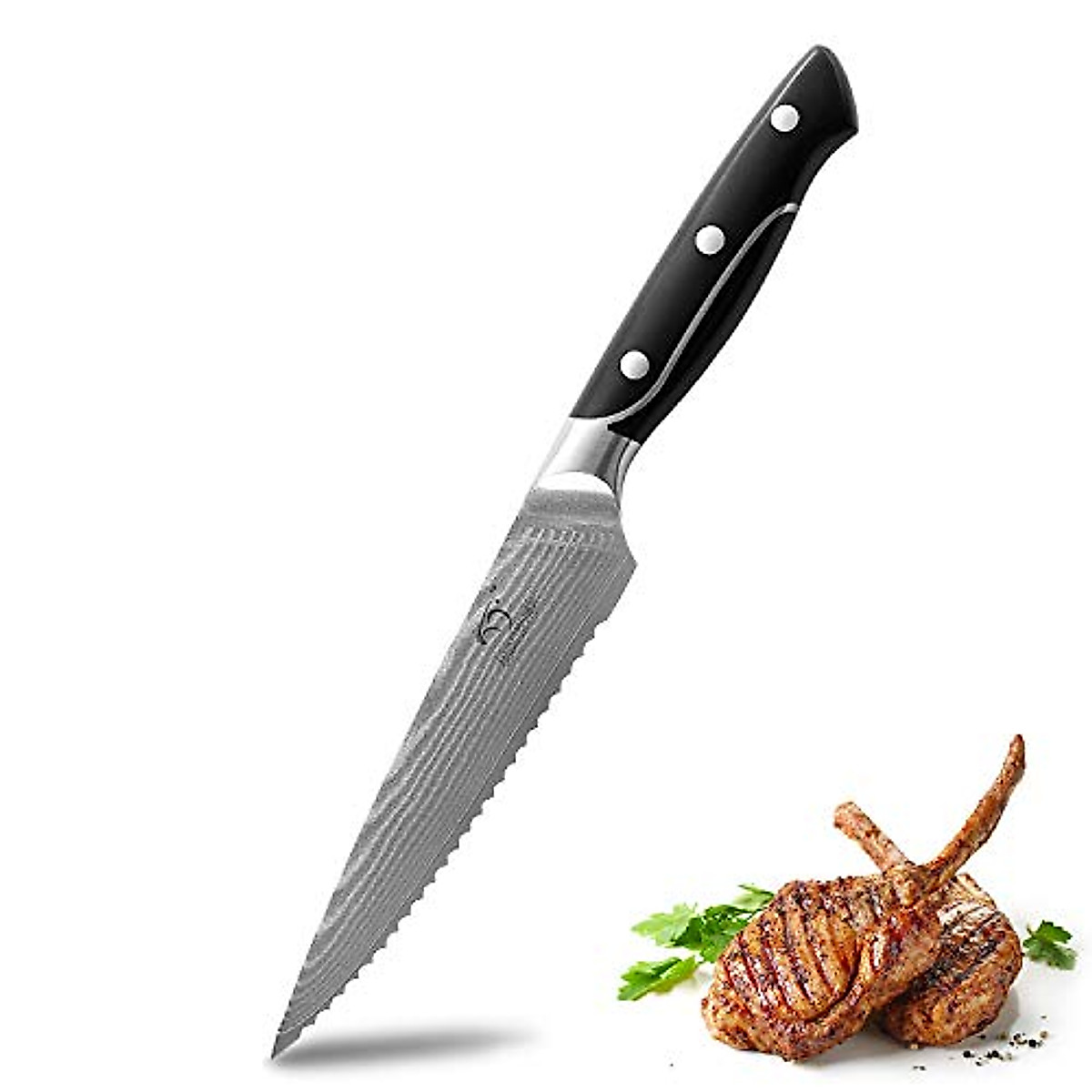 Serrated Utility Knife 5.5 Inch, XingRui Series Professional Kitchen Knife Forged with VG10 Super Steel 67-Layer Damascus, Non-slip ABS Ergonomic Triple Rivet Handle, Razor Sharp Lightweight