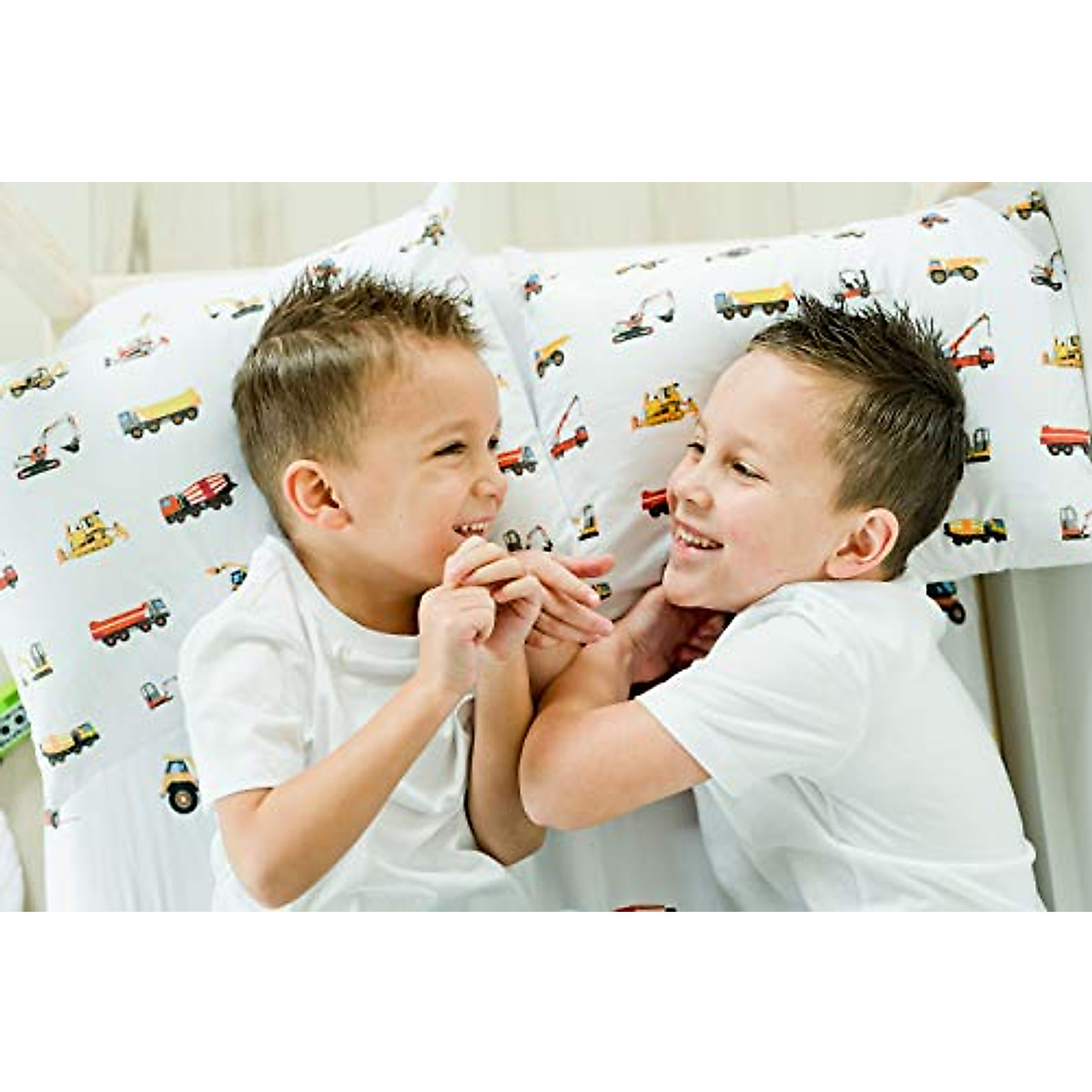 100% Cotton Toddler Pillowcase by ADDISON BELLE - Fits Both 13"x18" and 14"x19" Pillows - Soft, Durable & Breathable (Construction Trucks)