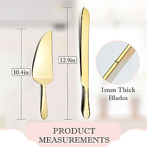Teivio Cake Cutting Set (2 Pieces), Stainless Steel Wedding Cake Knife and Server Spatula, Cake & Pie Serving Set for Birthday, Wedding, Parties, Thanksgiving (Gold)