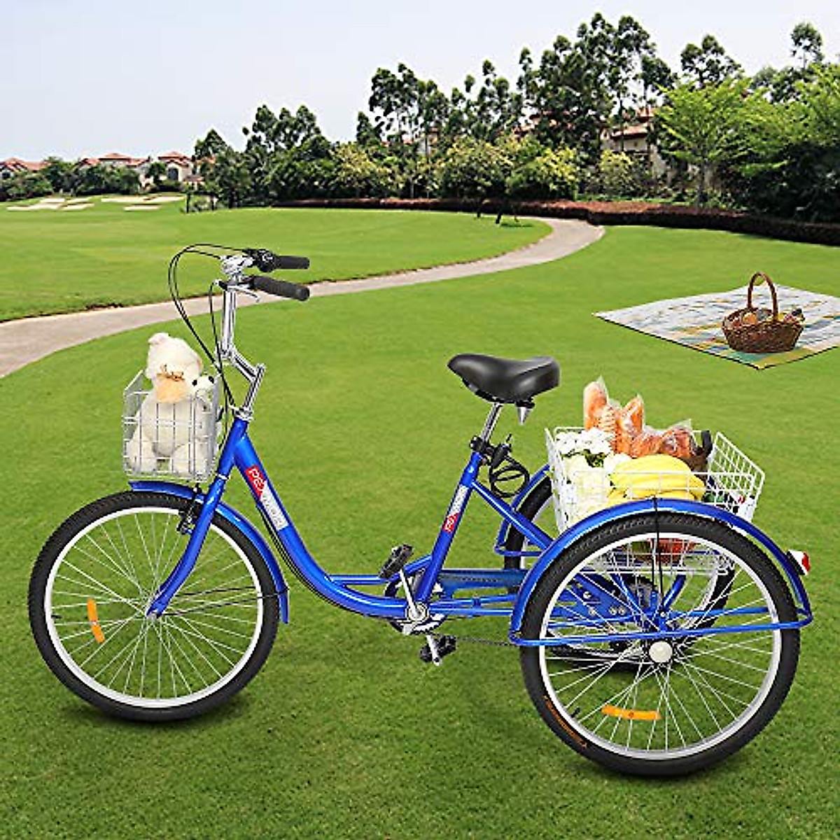PEXMOR Adult Tricycle, 24/26 Inch 7 Speed 3 Wheel Bikes Tricycle for Adults, Adult Trike for Women/Men/Seniors, Three Wheel Cruiser Bike w/Folding Front & Rear Basket for Shopping/Recreation/Picnic