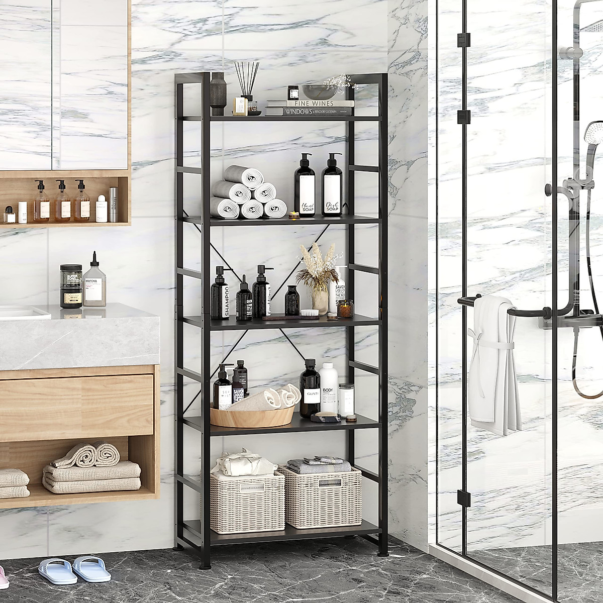 VERMESS Bookshelf Black, 5 Tier Shelving Unit Tall Book Shelf, Wood Bookcase with Open Shelves, Industrial Standing Storage Bookshelves Metal Display Rack for Living Room, Bedroom, Home, Office