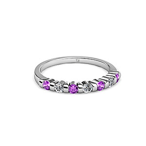 Amethyst & Lab Grown Diamond 1/5 ctw 7 Stone Women Wedding Band Stackable 14K White Gold.size 7.5