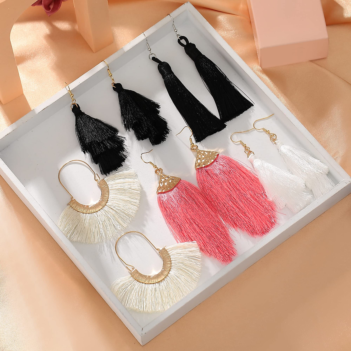 TOSGMY 9-12 Pairs Rattan Earrings for Women Handmade Boho Tassel Earrings Lightweight Acrylic Earrings Set (D)